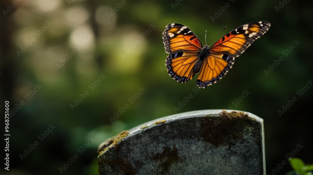 Butterfly flies over old headstone green background nature, life and ...