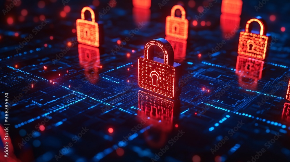 Digital matrix filled with encrypted code floating locks and shields symbolizing cybersecurity ...