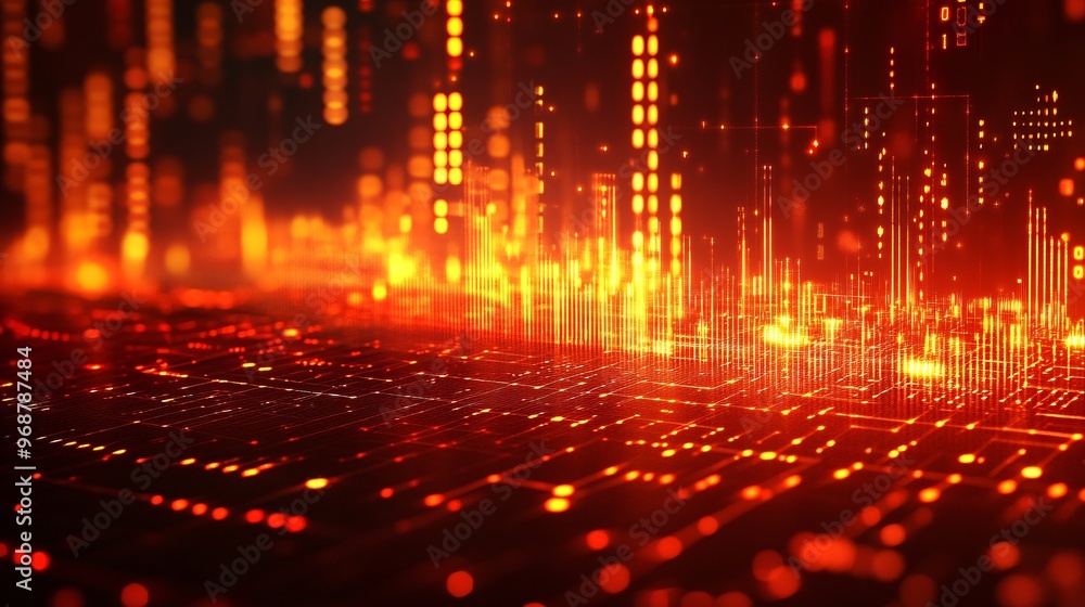 Quantum computing visualization with abstract glowing qubits and waveforms flowing in a high ...