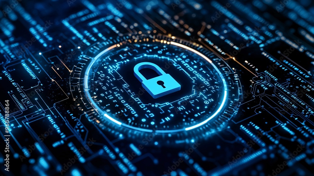Cybersecurity matrix of encrypted data floating locks and codes in a tech-inspired dark ...