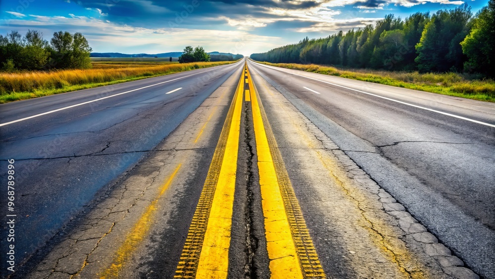 End of divided highway, asphalt stretches to merge lanes, fading into ...