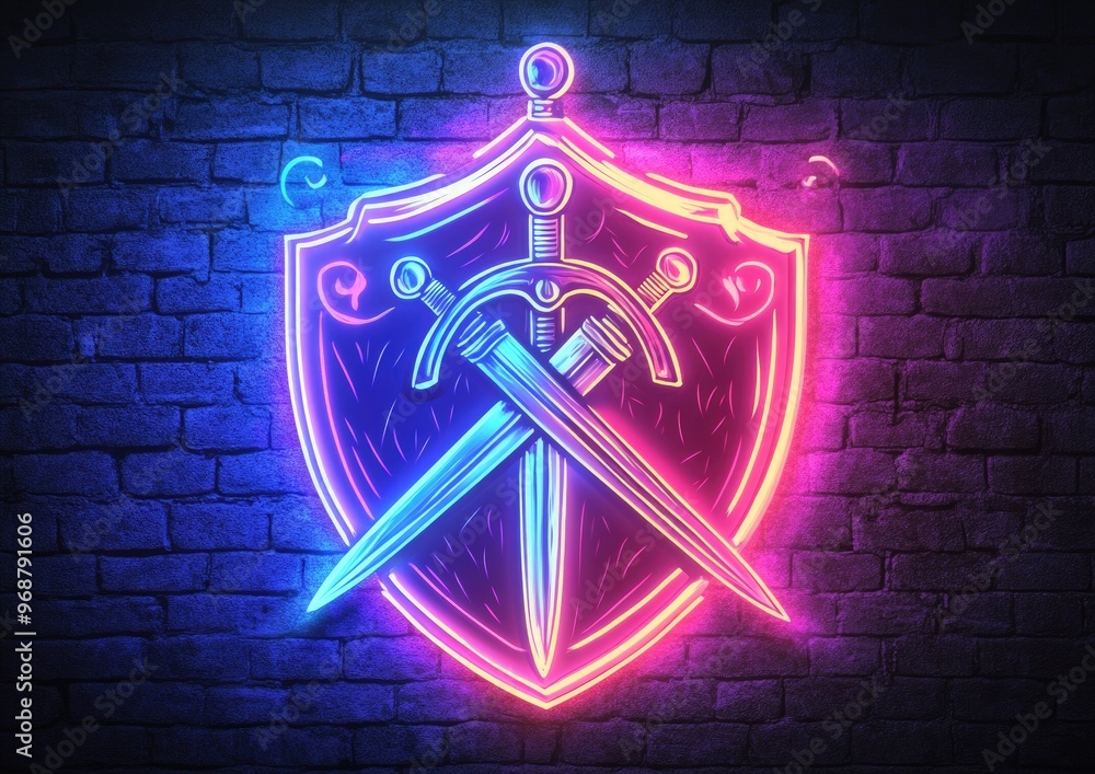Glowing neon outline of a medieval shield featuring crossed swords ...
