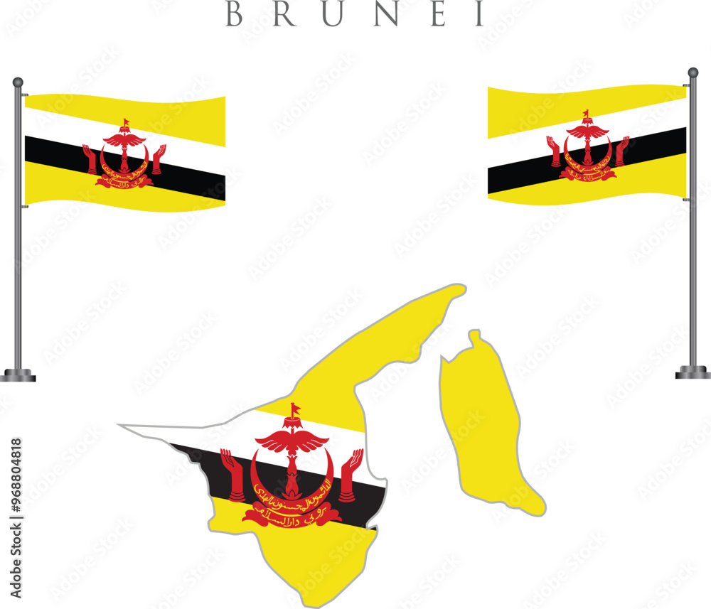 Brunei flag and map icon set. Bruneian pennant in official colors and ...
