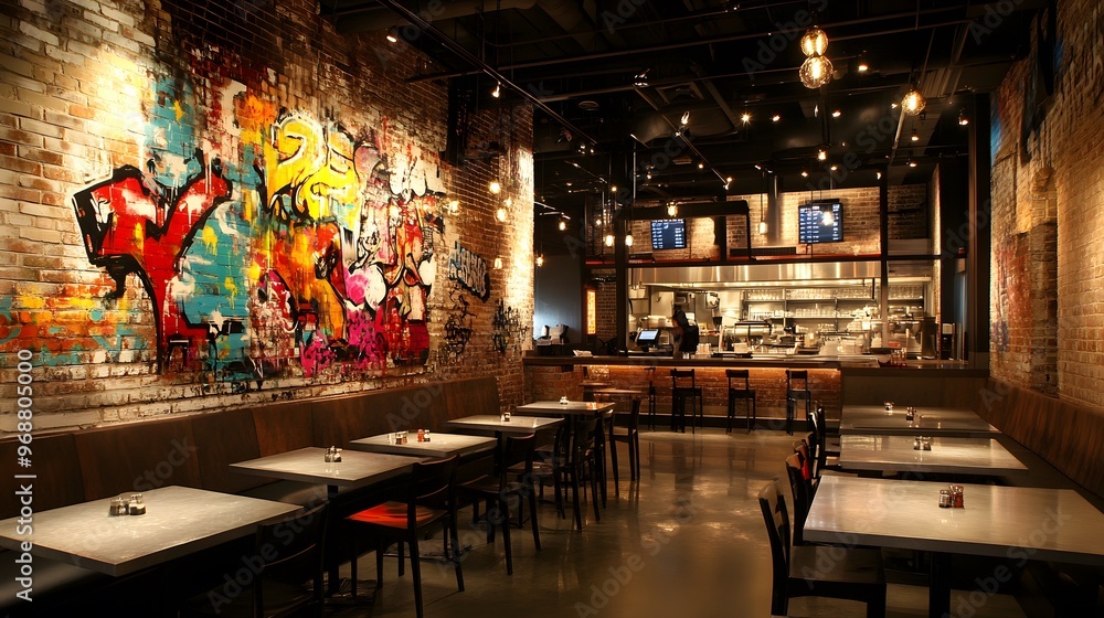 A modern, urban restaurant interior with graffiti art on the walls ...