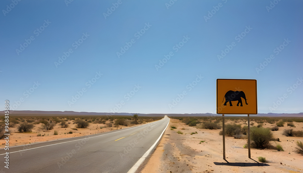 Desert highway, Elephants crossing sign, vast landscape, dry terrain ...
