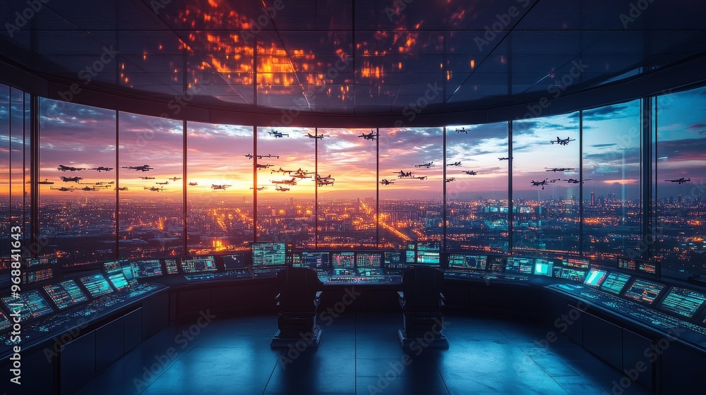 AI-enhanced air traffic control systems managing futuristic flying ...