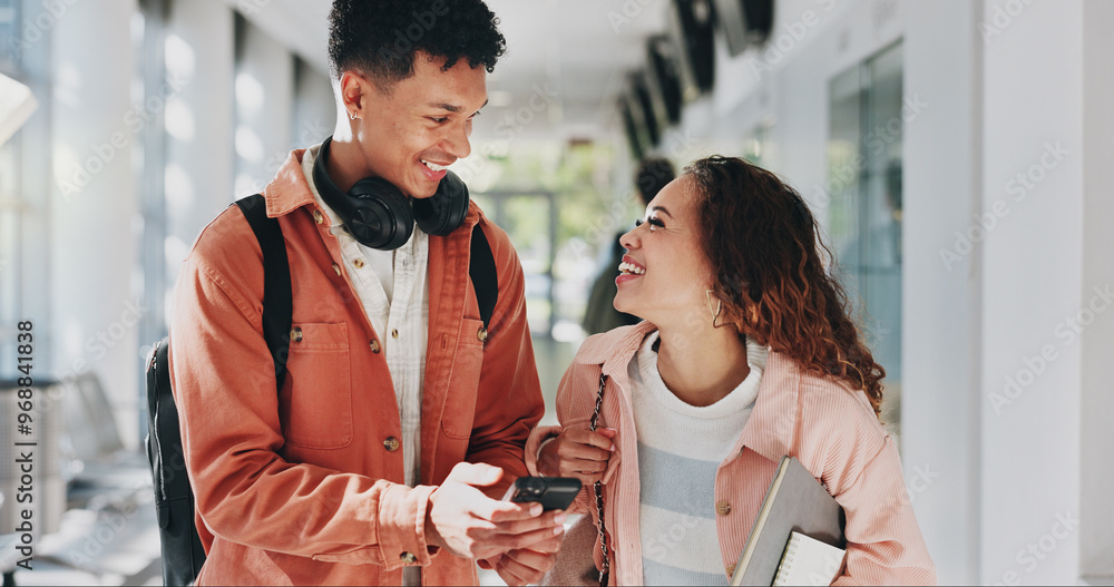 Students, smile and discussion with phone at school for campus gossip ...