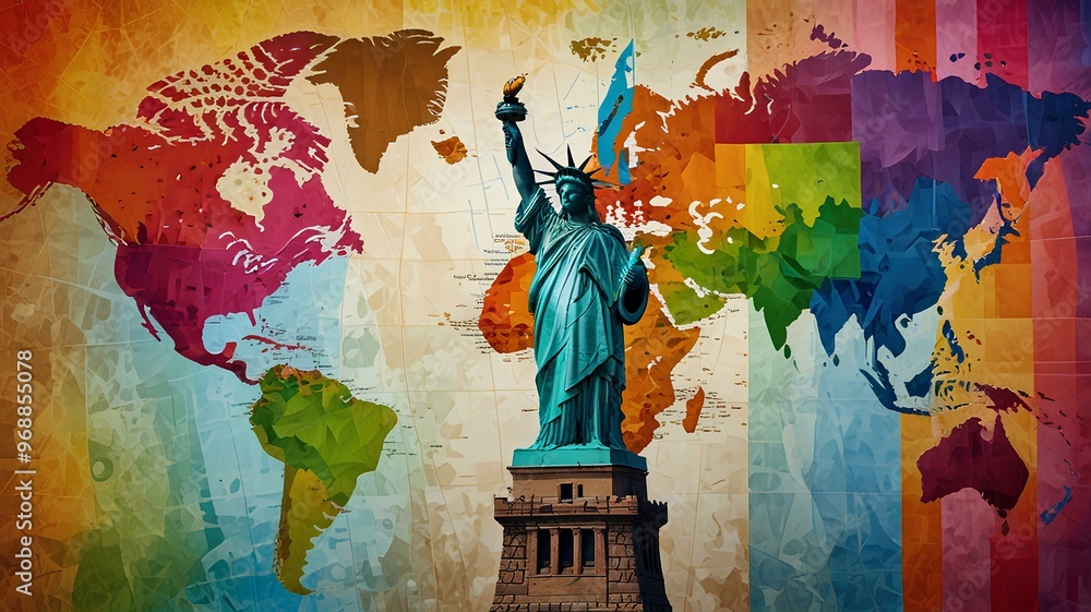 This image features a vibrant collage of iconic worldwide landmarks ...