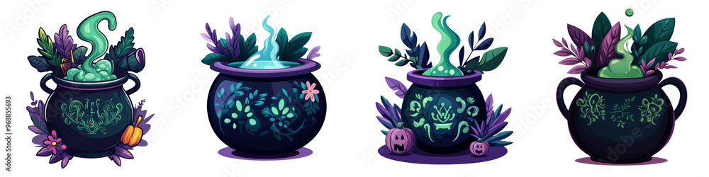 A collection of magical cauldrons with vibrant colors and mystical ...