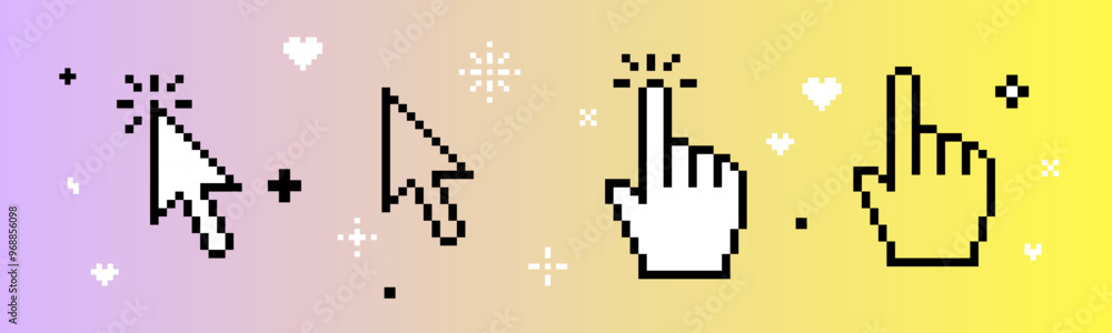 Cursor icon set. Hand click icon. Mouse arrow pointer in pixel art. Y2k ...