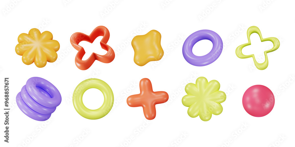 3d plastic playful elements. Joyous shapes. Circles, tube, cross object ...