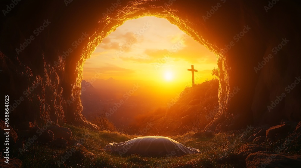 The entrance of an empty tomb bathed in the warm glow of sunrise, with ...
