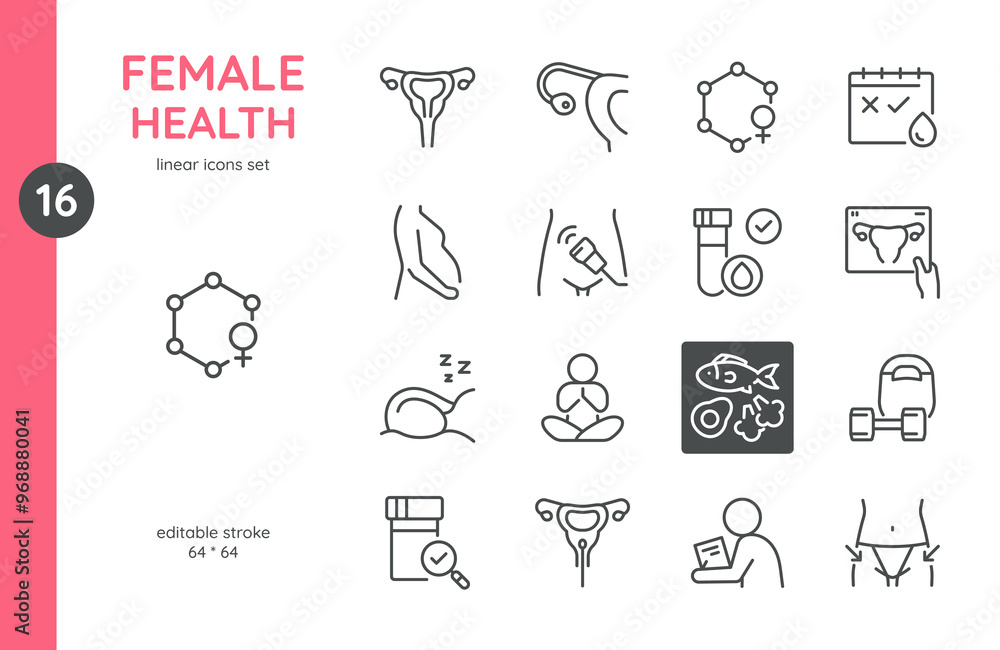 Female Health Icons Set. Linear Symbols of female health, reproductive ...