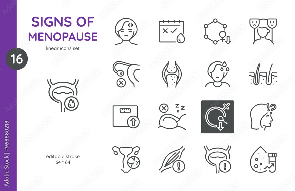 Signs of Menopause Icon Set. Illustrations Representing Symptoms Like ...