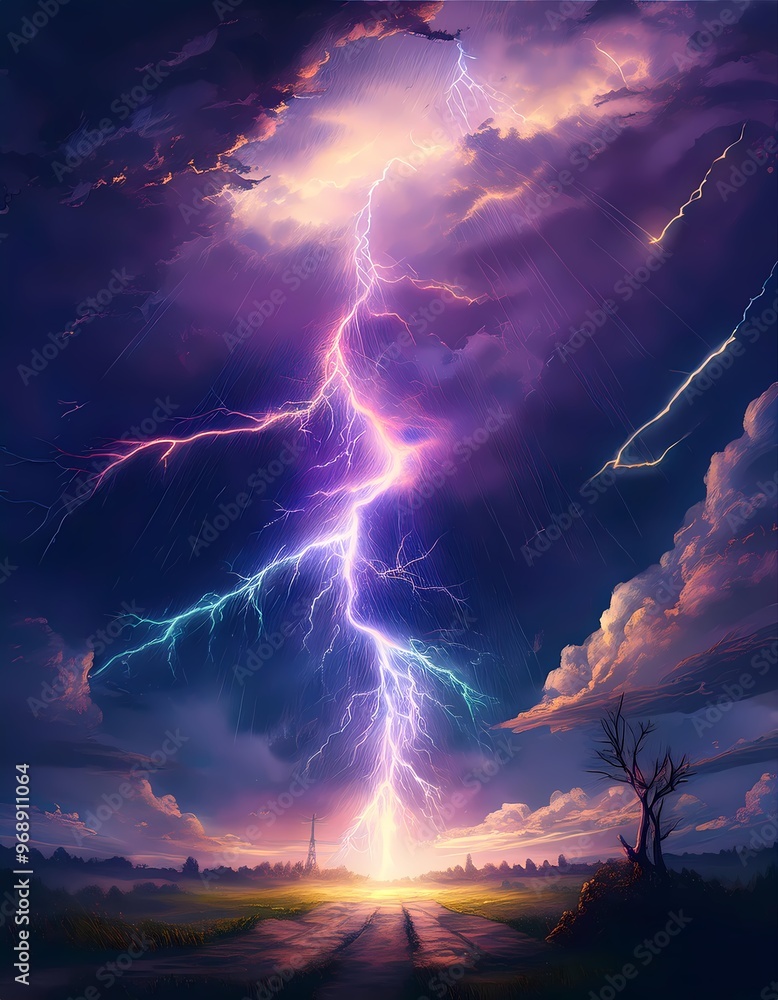 purple lightning strike in anime style from top to bottom Stock ...