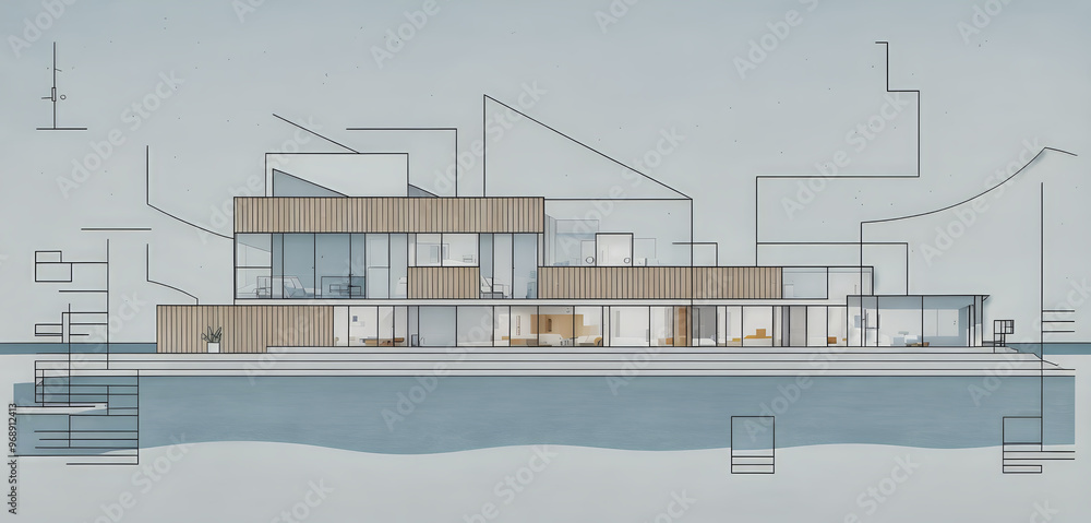 Illustrative frontal view of a new, modern and clearly architecturally ...