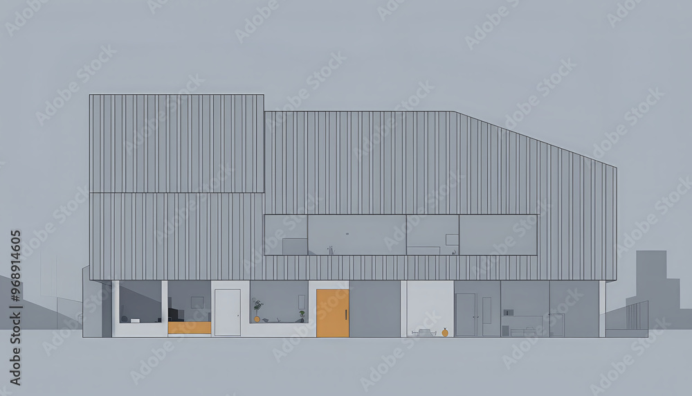 Illustrative frontal view of a new, modern and clearly architecturally ...