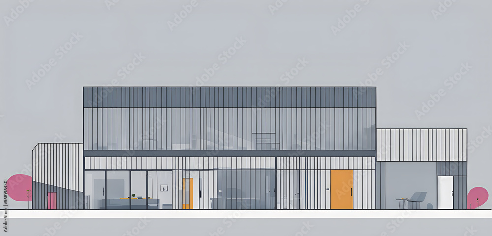 Illustrative frontal view of a new, modern and clearly architecturally ...