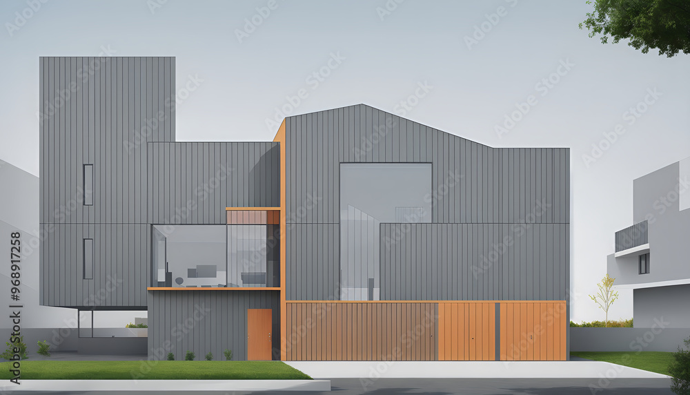 Illustrative frontal view of a new, modern and clearly architecturally ...