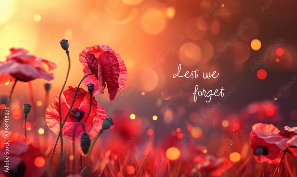 Anzac Day, poppy flowers on sunset field background. Remembrance day ...