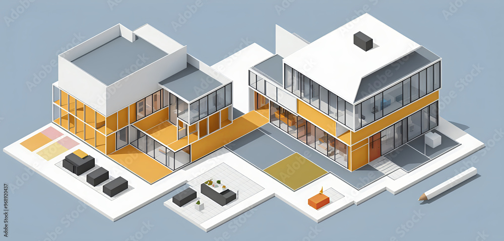 Illustrative frontal view of a new, modern and clearly architecturally ...