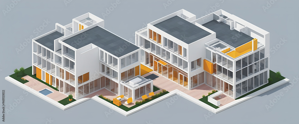 Illustrative frontal view of a new, modern and clearly architecturally ...