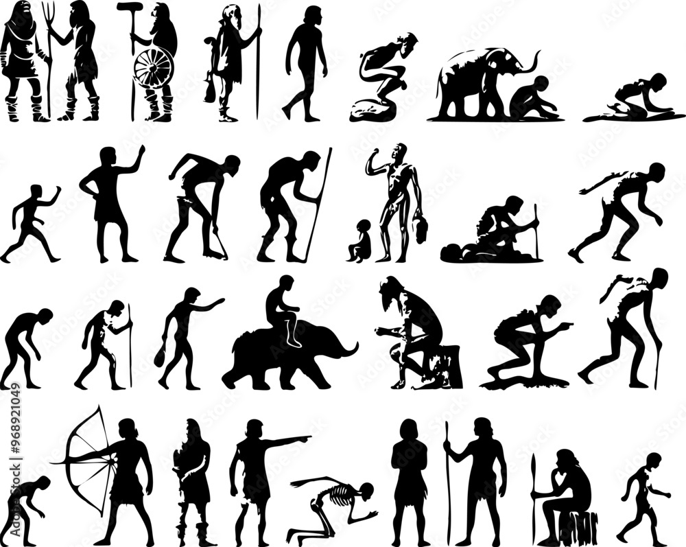 Ancient Human Silhouettes Illustration in Prehistoric Settings Stock ...