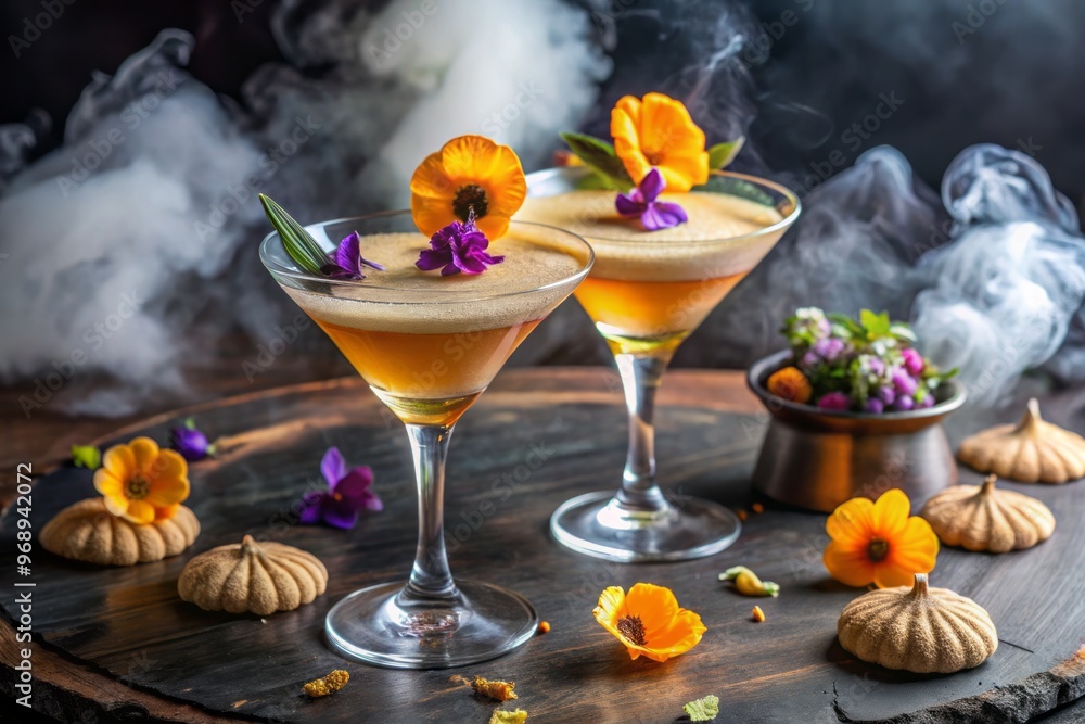 Spooky cocktails featuring melon liqueur, paired with dry ice for a ...