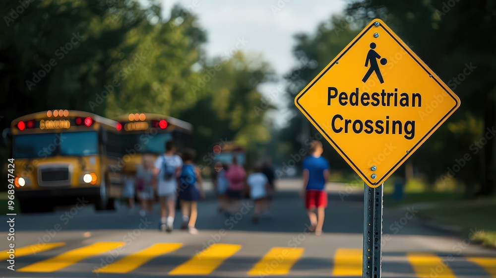 Yellow pedestrian crossing sign in school zone with children, parents ...