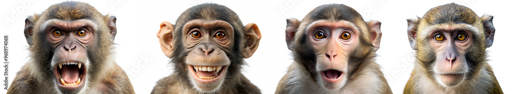 Set of monkey emotion portraits on transparent background. Wild animals ...