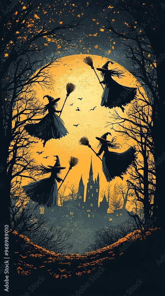 A captivating scene showing a group of witches flying on their ...