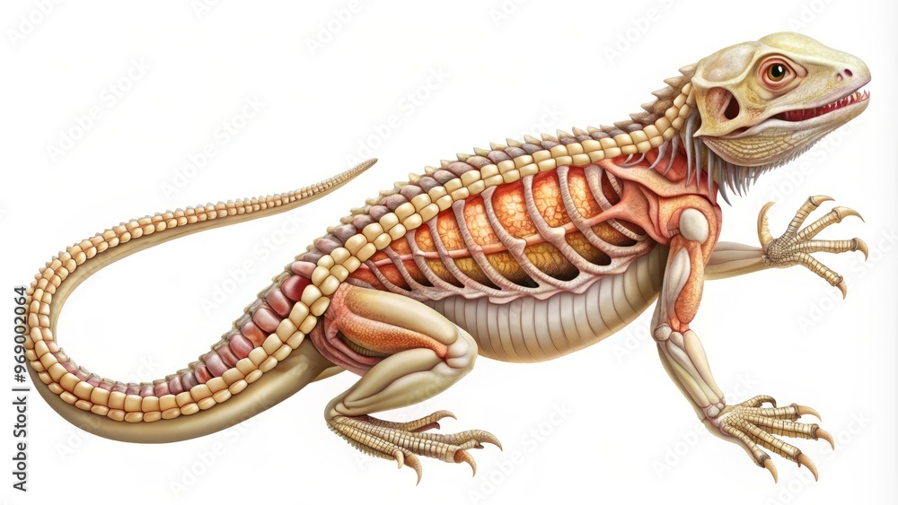"Illustrate the skeletal structure and internal organs of a common desert lizard, highlighting ...