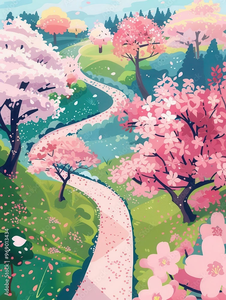 20 USA cherry blossom festival flat design bird's-eye view spring theme ...