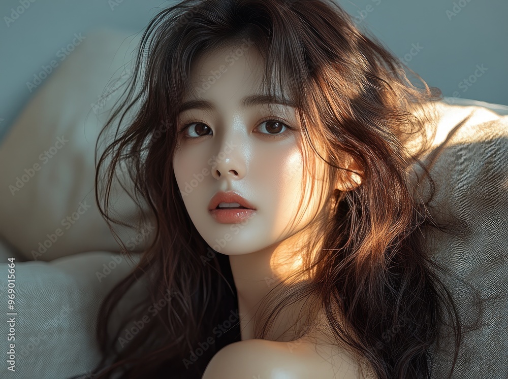 Portrait of pretty young Korean, Japanese, Chinese woman, girl sitting ...