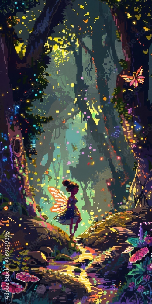 8bit fairy, enchanted glade, pixel art style, vibrant colors ...