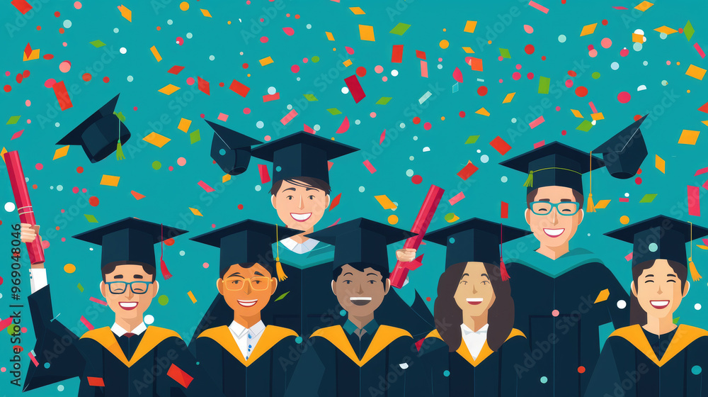 Joyful graduates proudly holding diplomas and throwing confetti ...