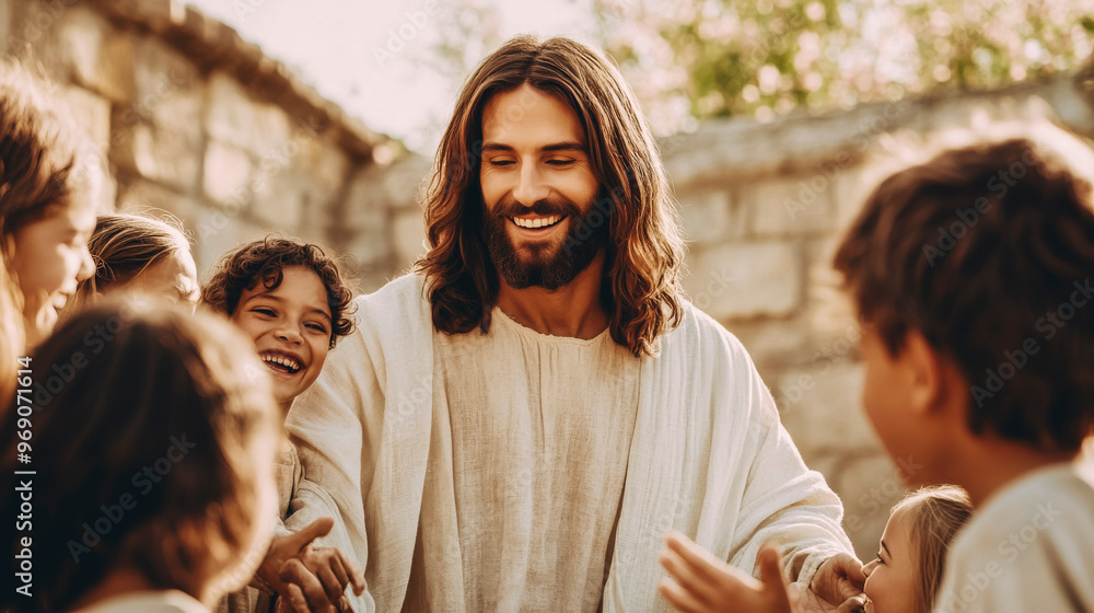 Smiling jesus christ with Long Hair Surrounded by Happy Children in ...