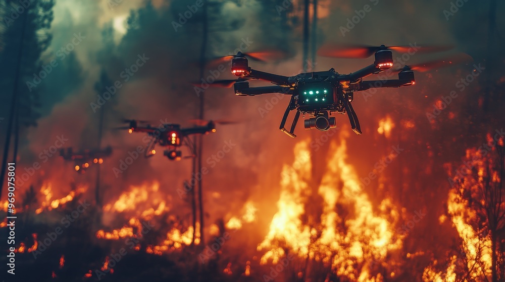 Futuristic autonomous fire-fighting drones extinguishing wildfires from ...