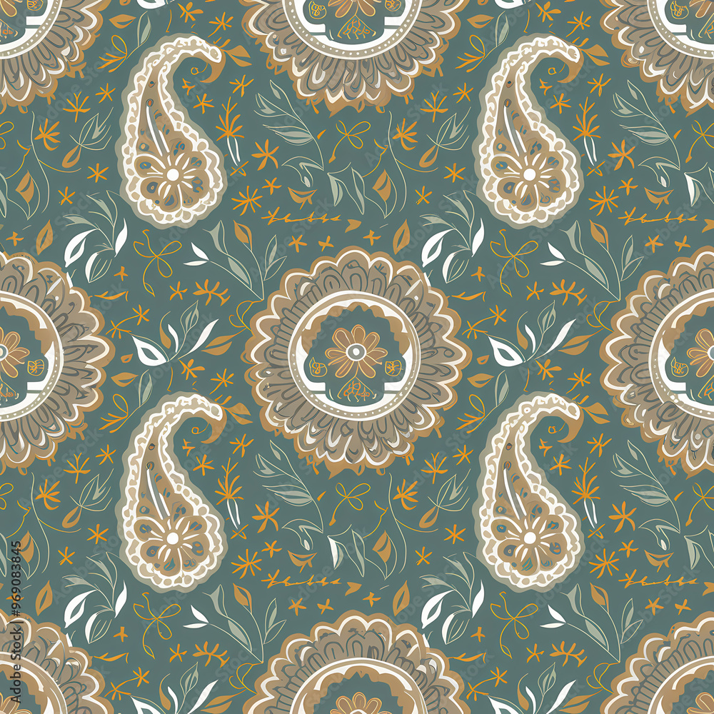 paisley and floral element pattern, muted colors , a fusion of modern ...