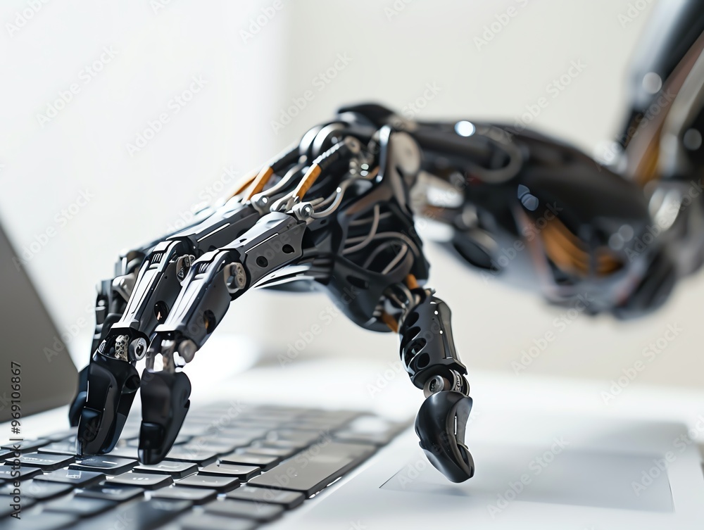Closeup of a robotic prosthetic arm typing on a laptop keyboard ...