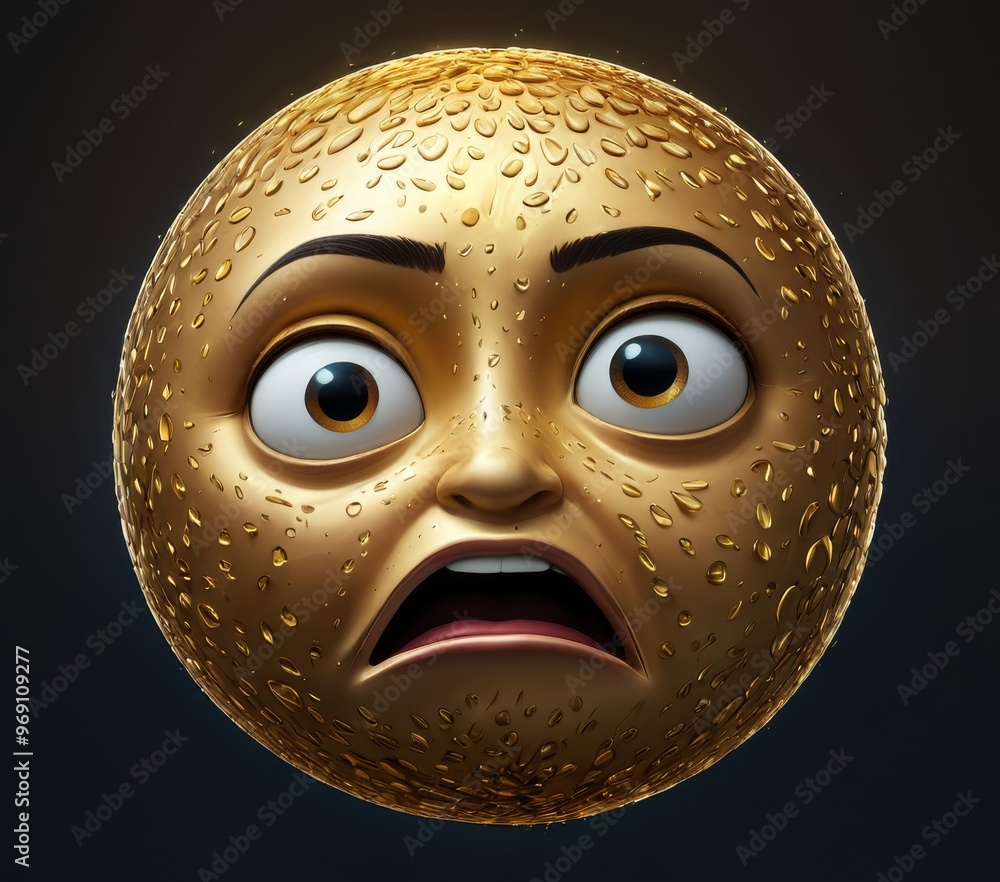 A close-up of a golden face with textured skin, expressive wide eyes ...