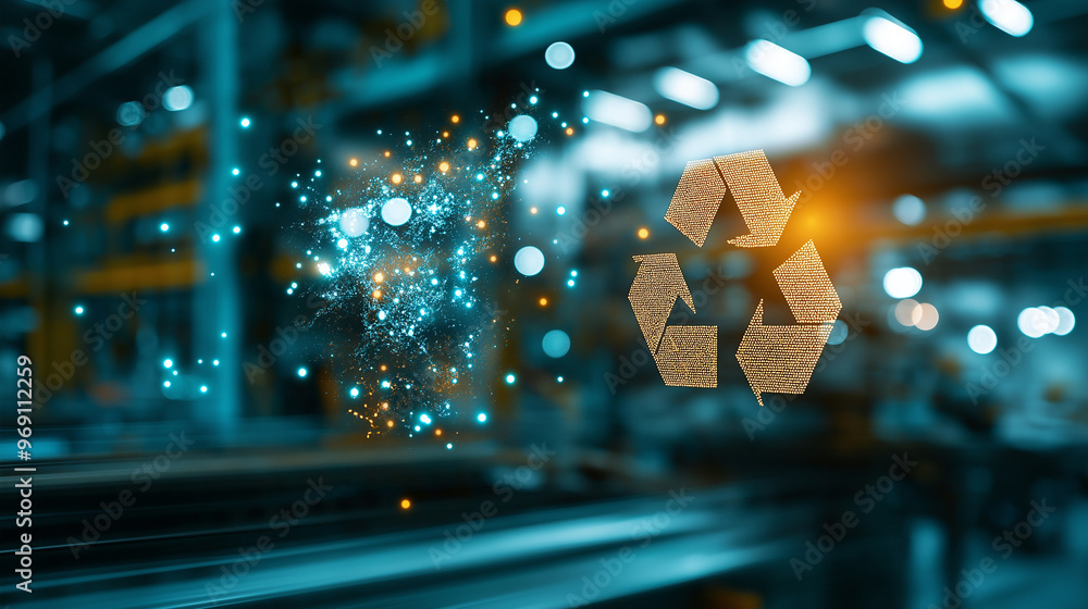 A golden circular economy icon glowing on a blurred industrial ...