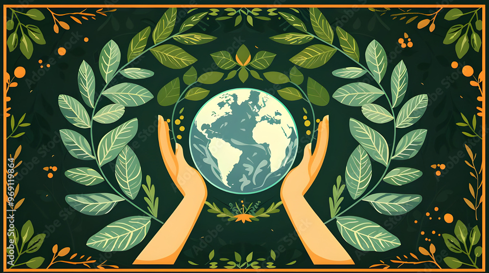 Two hands holding green earth with leaf frame. Concept of ecology ...