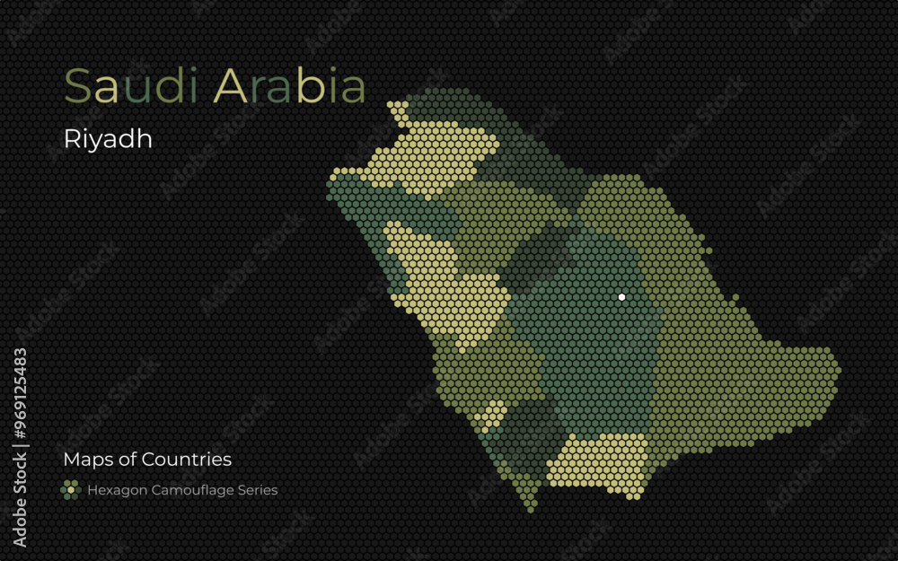 Saudi Arabia Hexagon Map with Green Camouflage Color Regions, Riyadh ...