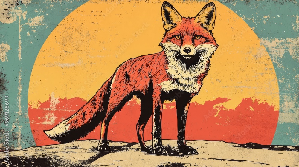 Retro coloring book illustration of a red fox in an alert stance ...