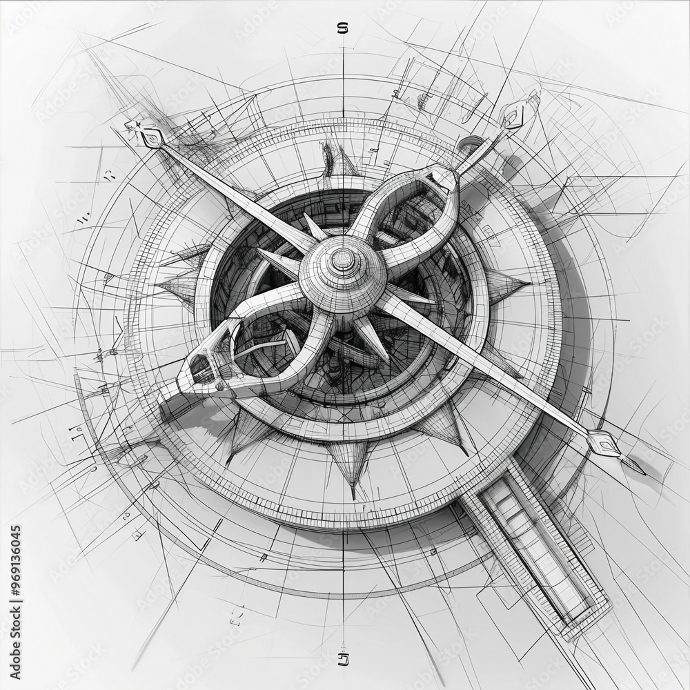 vintage compass illustration, black and white nautical chart, realistic ...