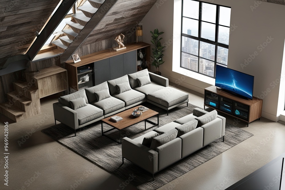 3D Visualization of Stylish Loft Living Room Featuring Sectional Sofa ...