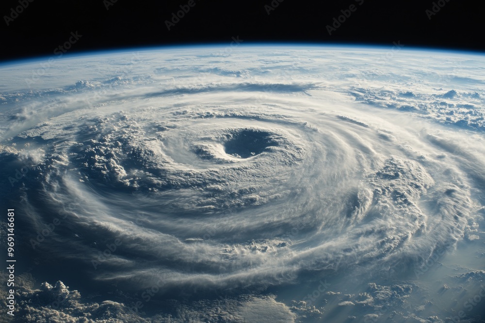 Magnificent spiraling clouds of a hurricane or cyclone over the planets ...