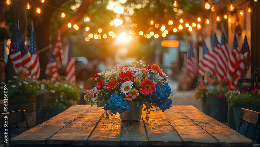 Foto de Stock A vibrant floral centerpiece on a rustic table ...