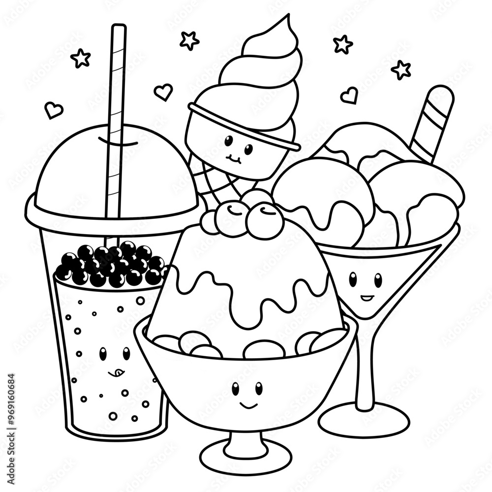 Hand drawn cute kawaii coloring page illustration with pudding, ice ...